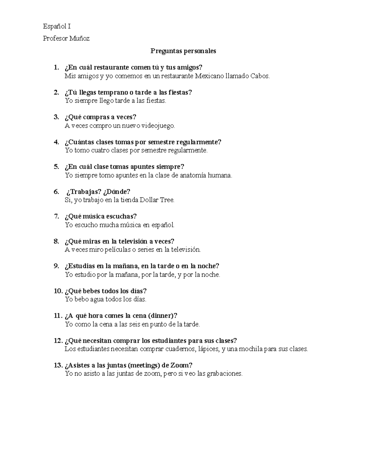 SPAN-1 1.3 HW Veinte Preguntas del Capítulo 1 - Español I Profesor ...