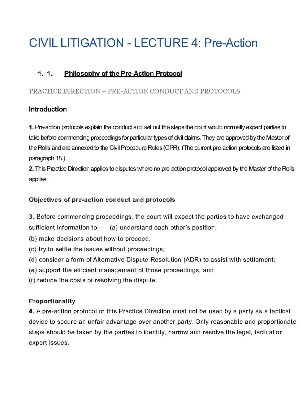 Lecture 4 civil procedure - CIVIL LITIGATION - LECTURE 4: Pre-Action 1 ...