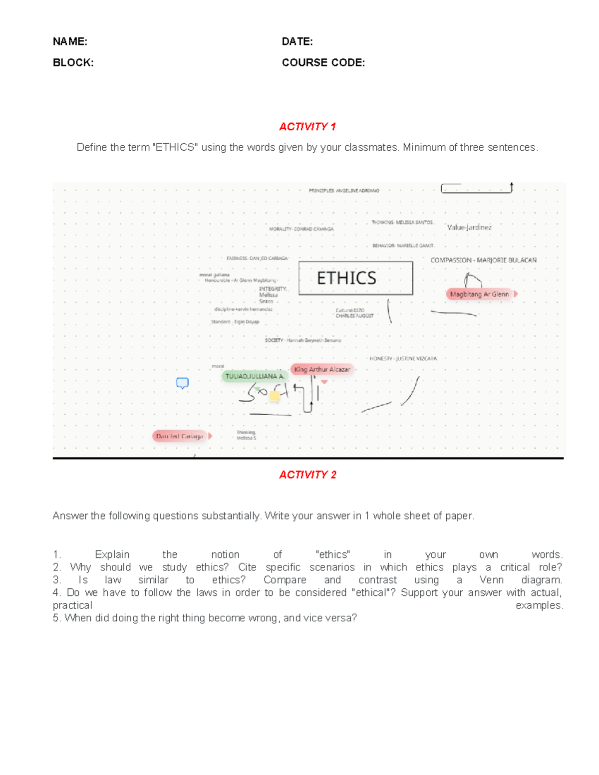 Compilation of Activity for Completion - NAME: DATE: BLOCK: COURSE CODE ...