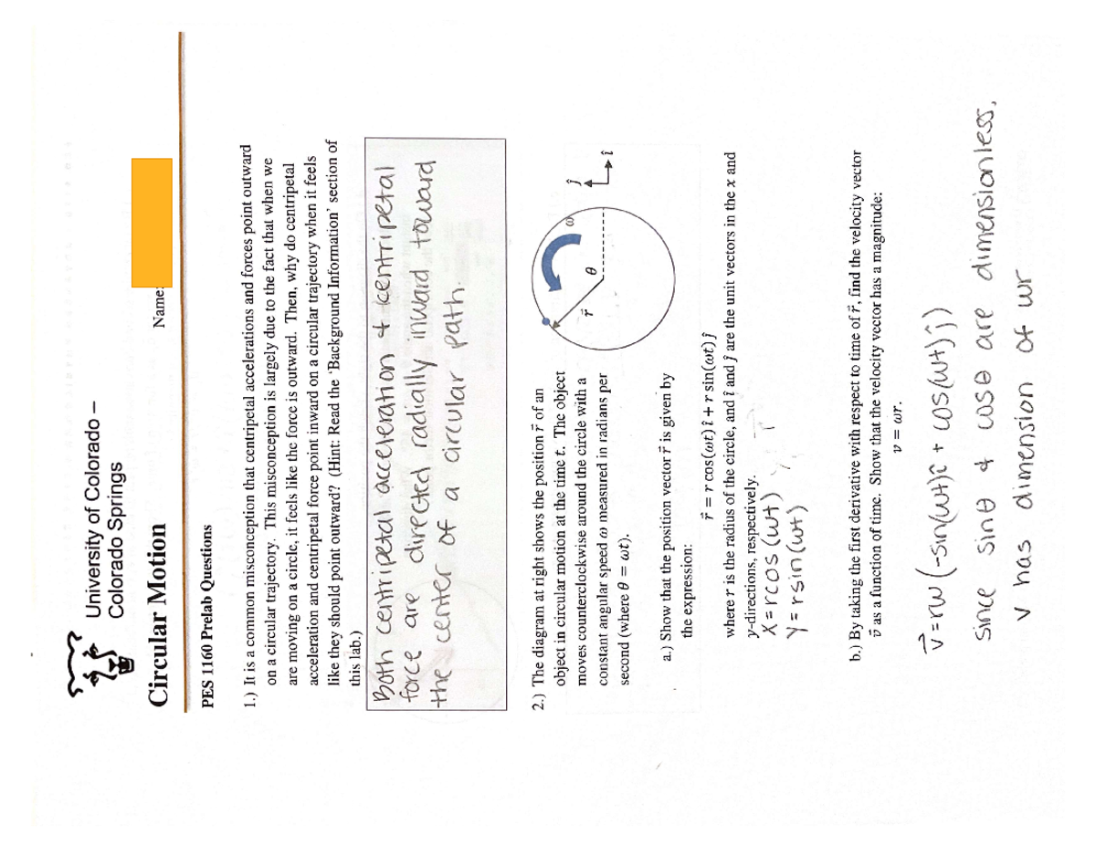 Circular Motion Pre - Pre-Lab - PES 1160 - Studocu