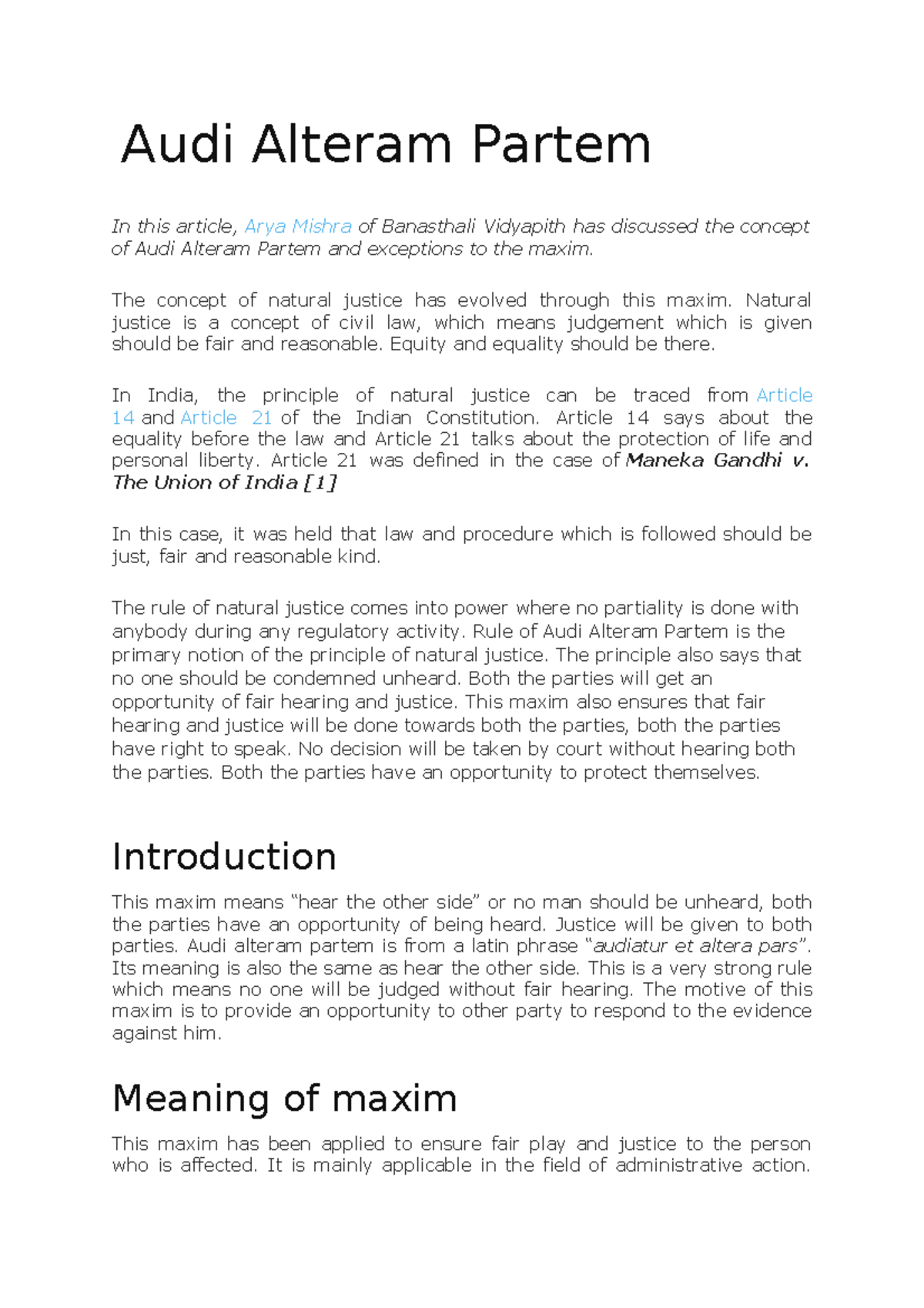 Audi Alteram Partem - ADMINSTRATIVE LAW - Audi Alteram Partem In this ...