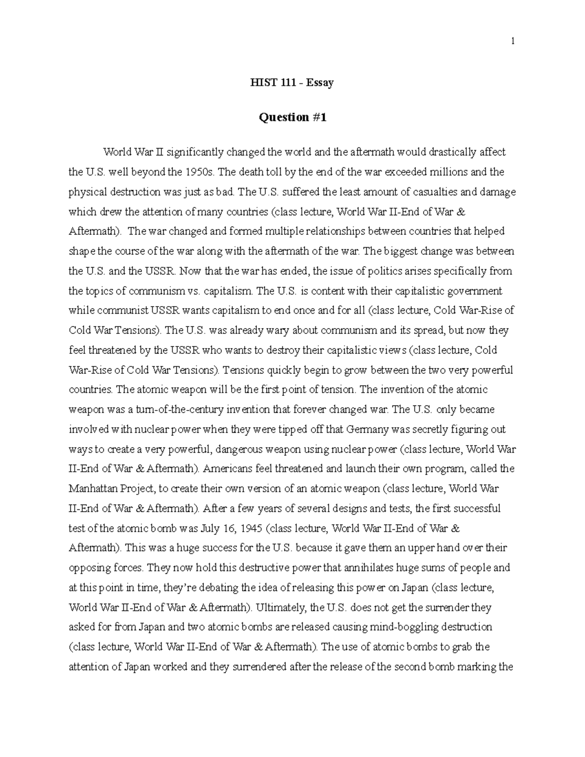 HIST 111 - Essay #2 - professor Boga - HIST 111 - Essay Question World ...