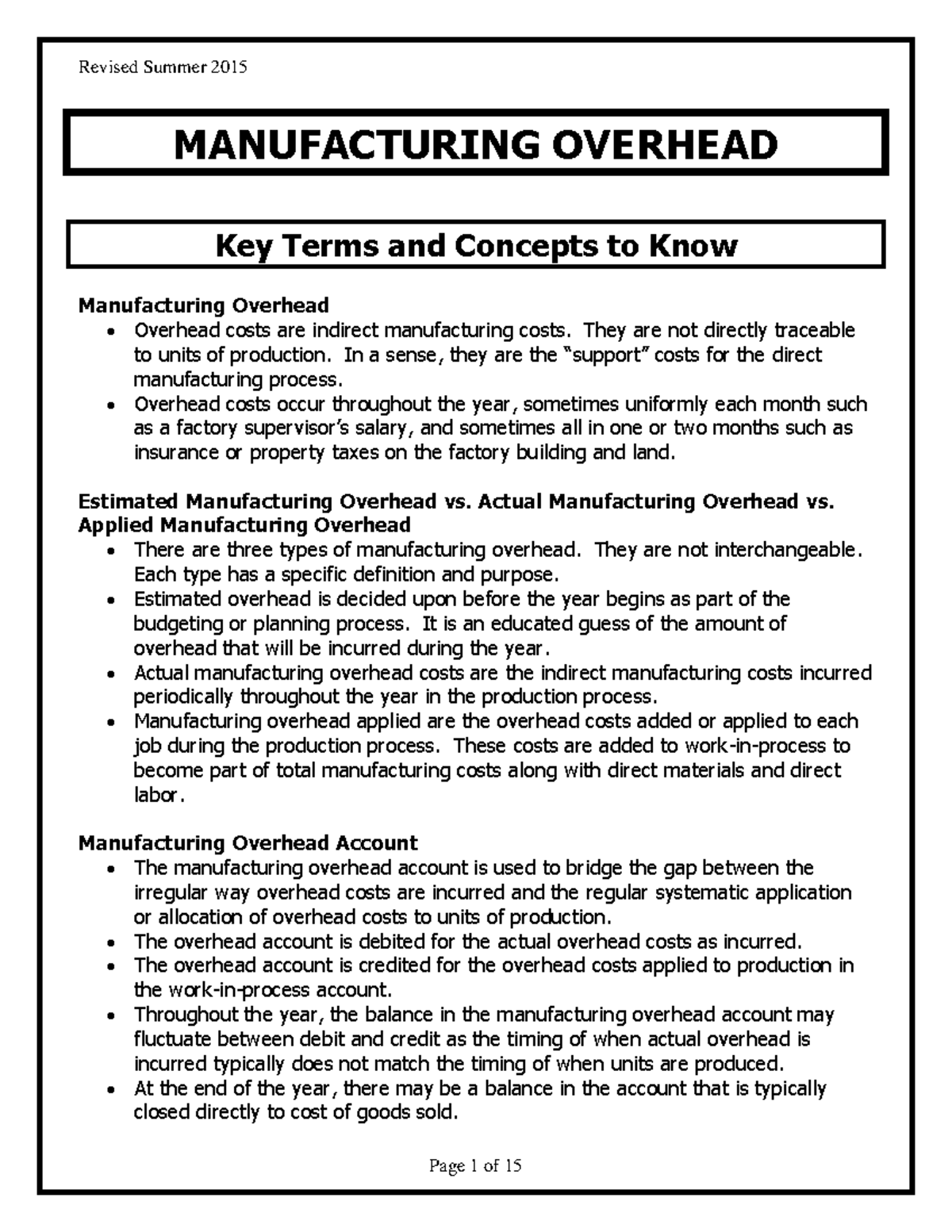 2b Manufacturing Overhead CR MANUFACTURING OVERHEAD Key Terms And