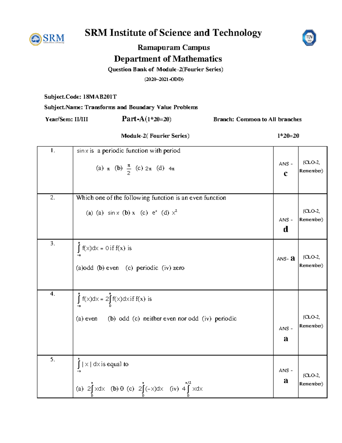 Unit Ii Part A Transforms And Boundary Value Problems Srm Institute