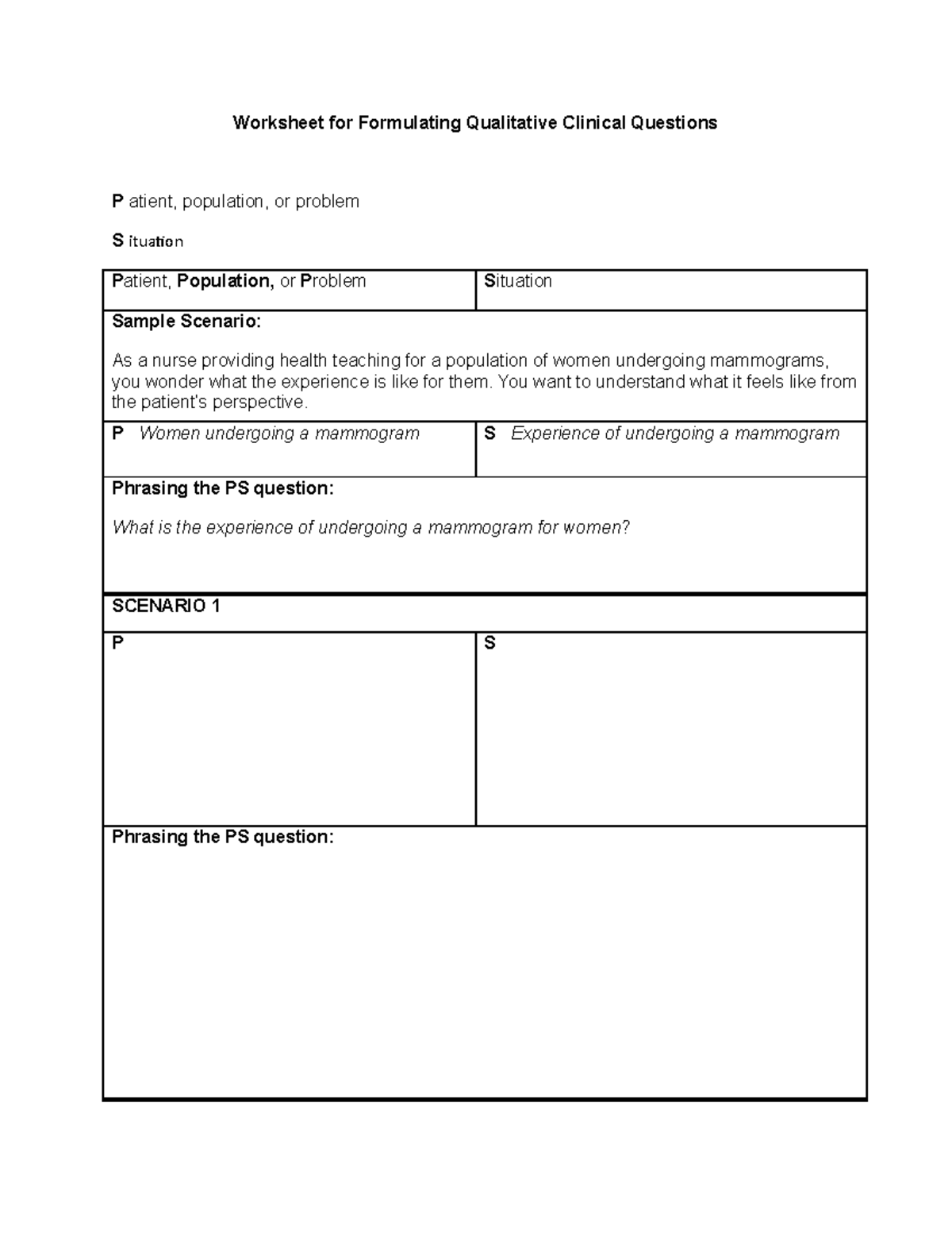Worksheet for Formulating Qualitative Clinical Questions - You want to ...