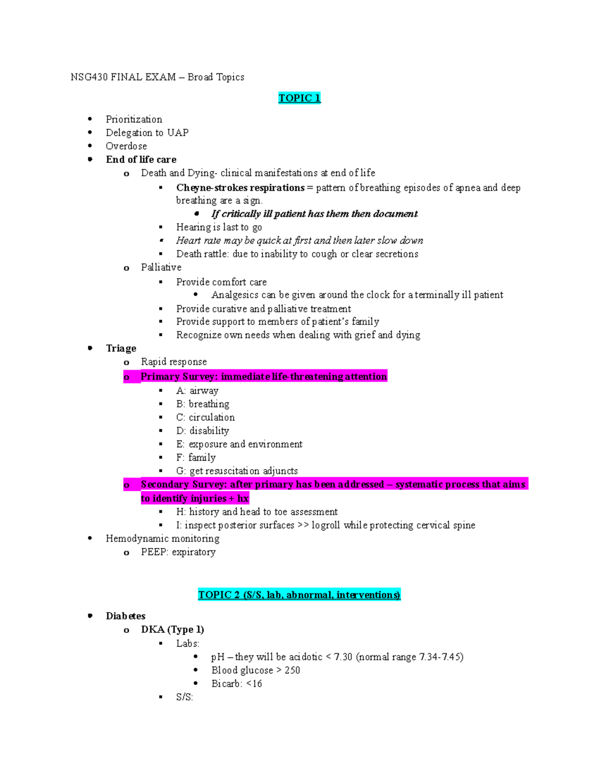 Final EXAM Broad Topic - Study Guide - NSG430 FINAL EXAM – Broad Topics ...