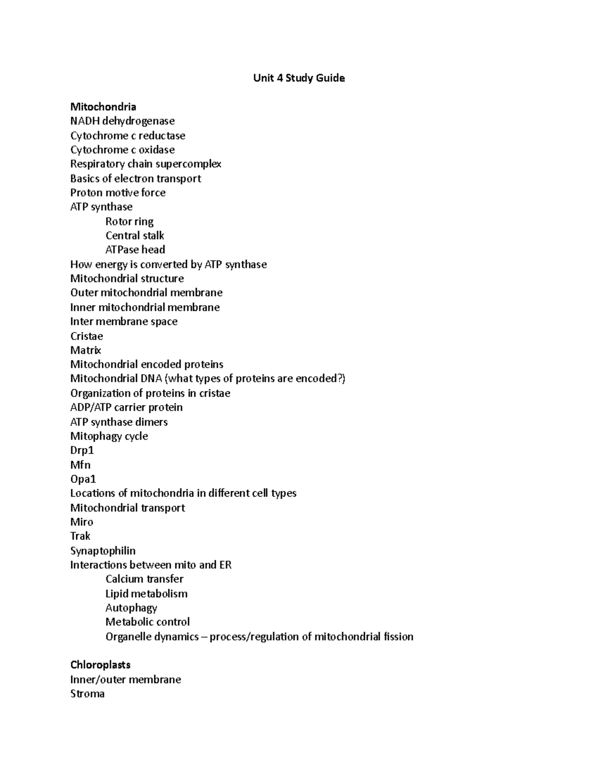 Unit 4 Study Guide - Unit 4 Study Guide Mitochondria NADH dehydrogenase ...