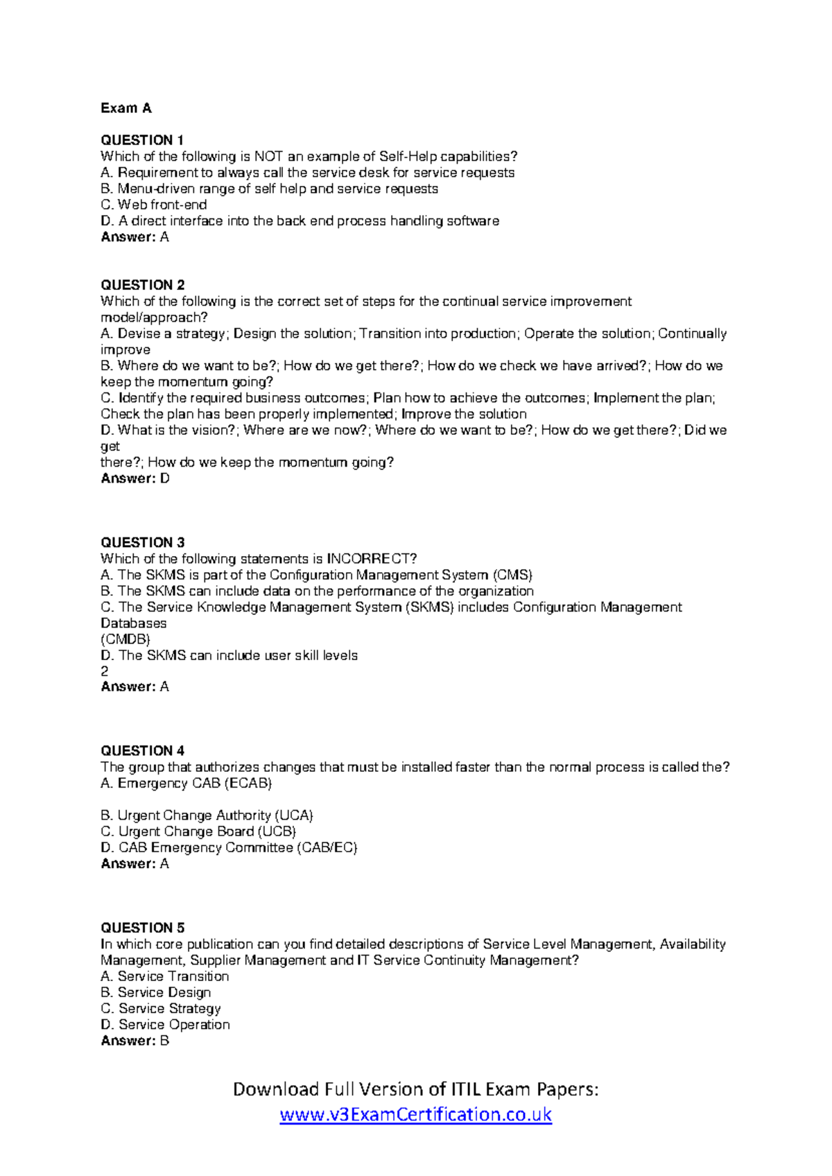 ITIL V3 Certification Foundation Exam Papers - Part 1 - Download Full ...