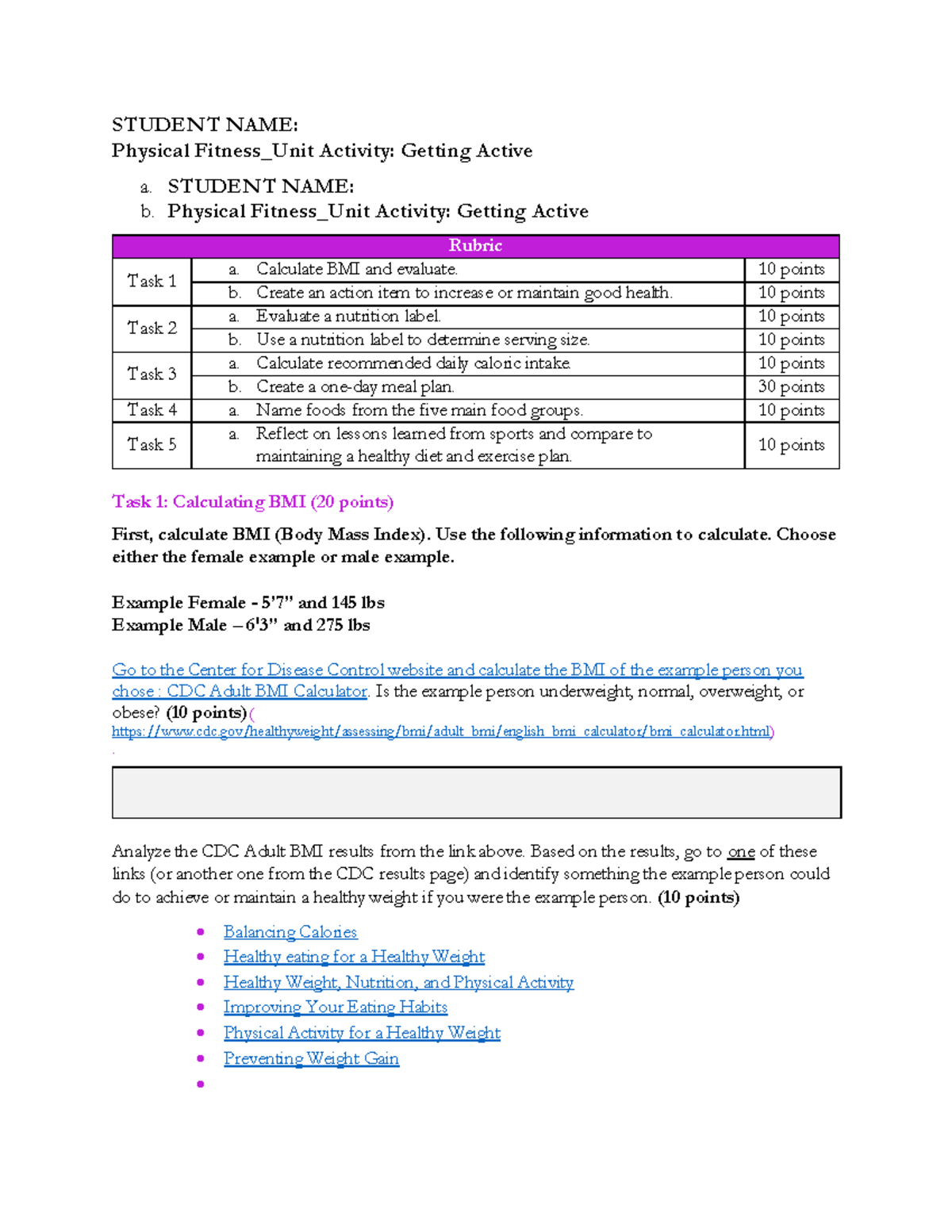 UA Master Physical Education Alternate Unit Activity Getting Active ...