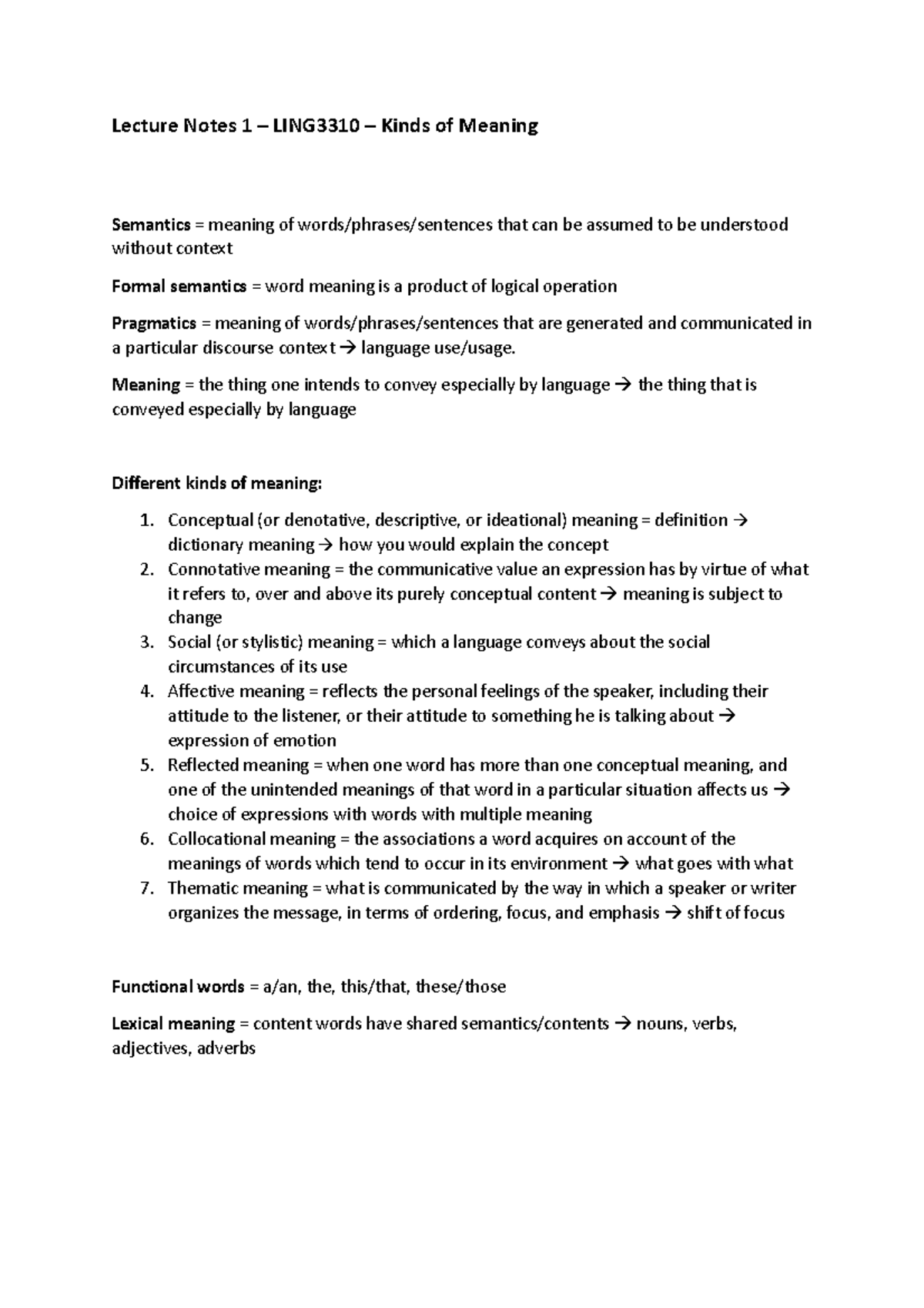 Lecture Notes 1 - Kinds of Meaning - Lecture Notes 1 – LING3310 – Kinds ...