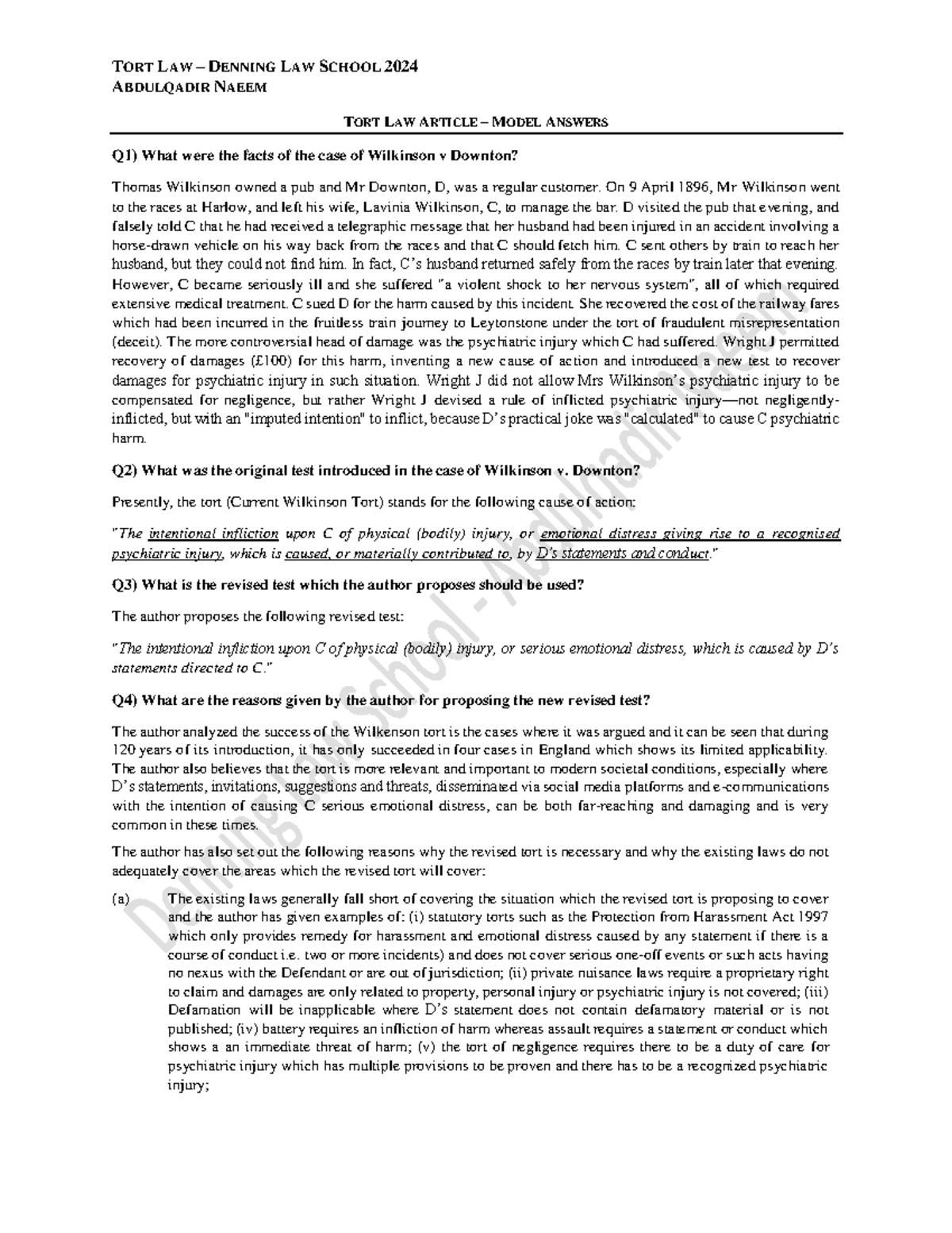 Article model answers AQ - ABDULQADIR NAEEM TORT LAW ARTICLE – MODEL ...