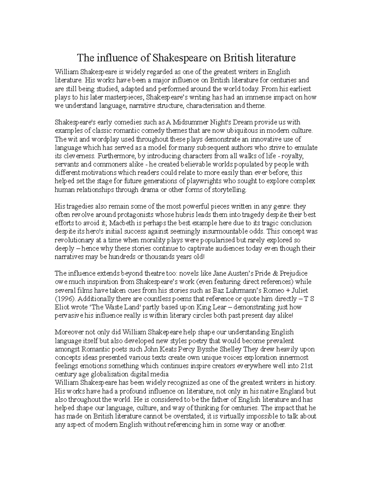 British literature - The influence of Shakespeare on British literature ...