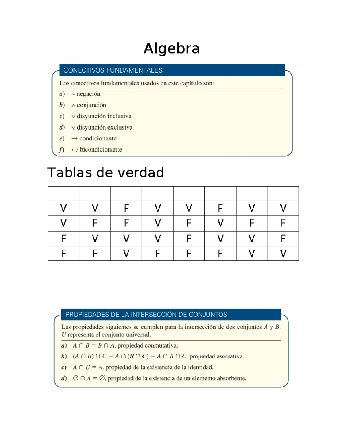 Algebra - resumen - Álgebra - Algebra Tablas de verdad V V F V V F V V ...