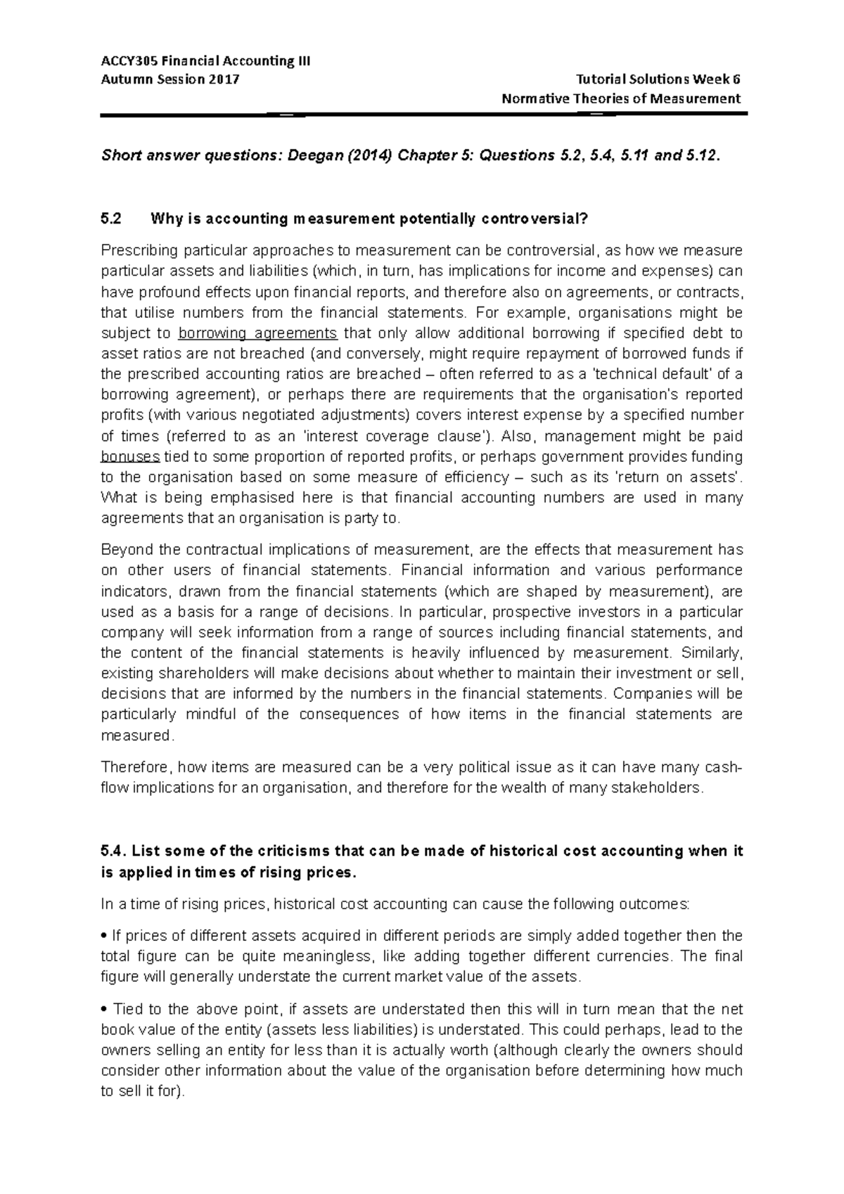 W6 tutorial solutions Measurement - ACCY305 Financial Accounting Autumn ...