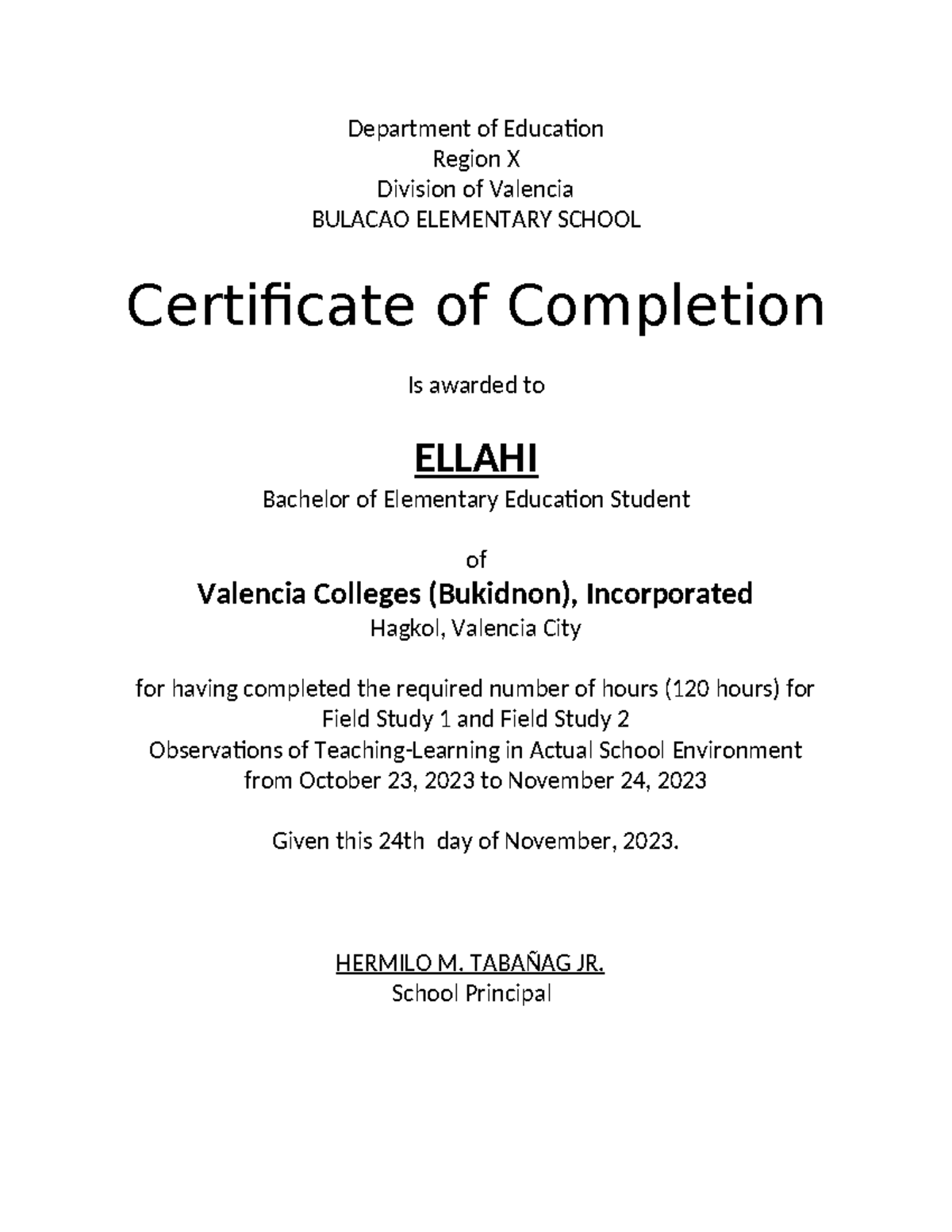 OJT certificate of completion - Department of Education Region X ...