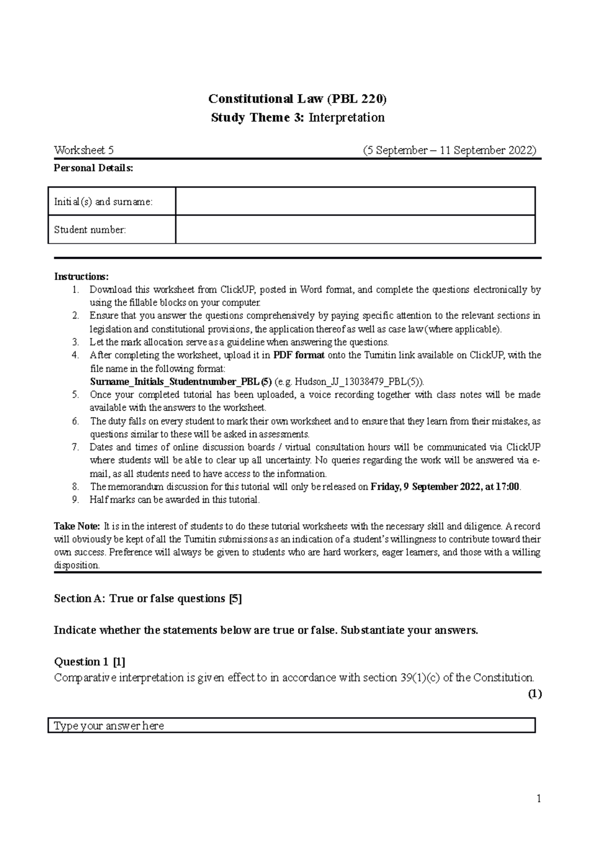 Worksheet 5 Click UP - Constitutional Law (PBL 220) Study Theme 3 ...