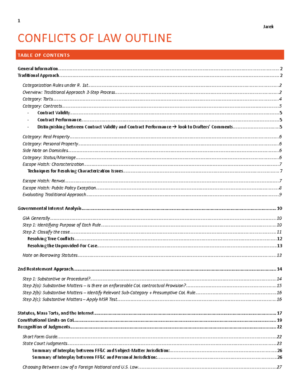 Conflicts Outline for understanding - Jarek CONFLICTS OF LAW OUTLINE ...