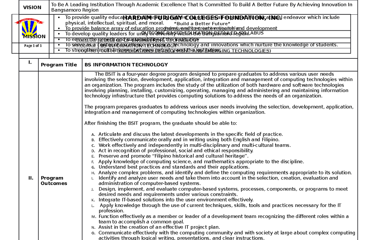 CC106 Syllabi - HARDAM FURIGAY COLLEGES FOUNDATION, INC. “Build a ...