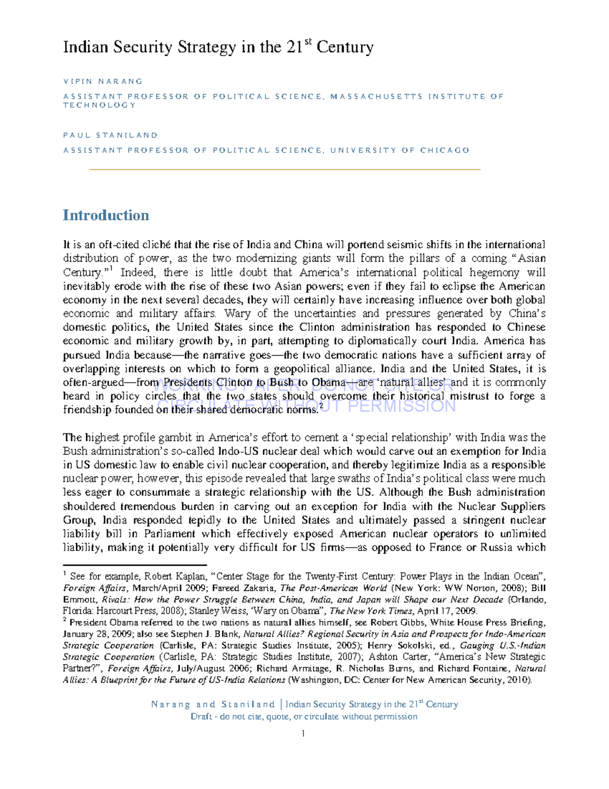 Narang Staniland Indian Security Strategy - WORKING PAPER: DO NOT CITE ...