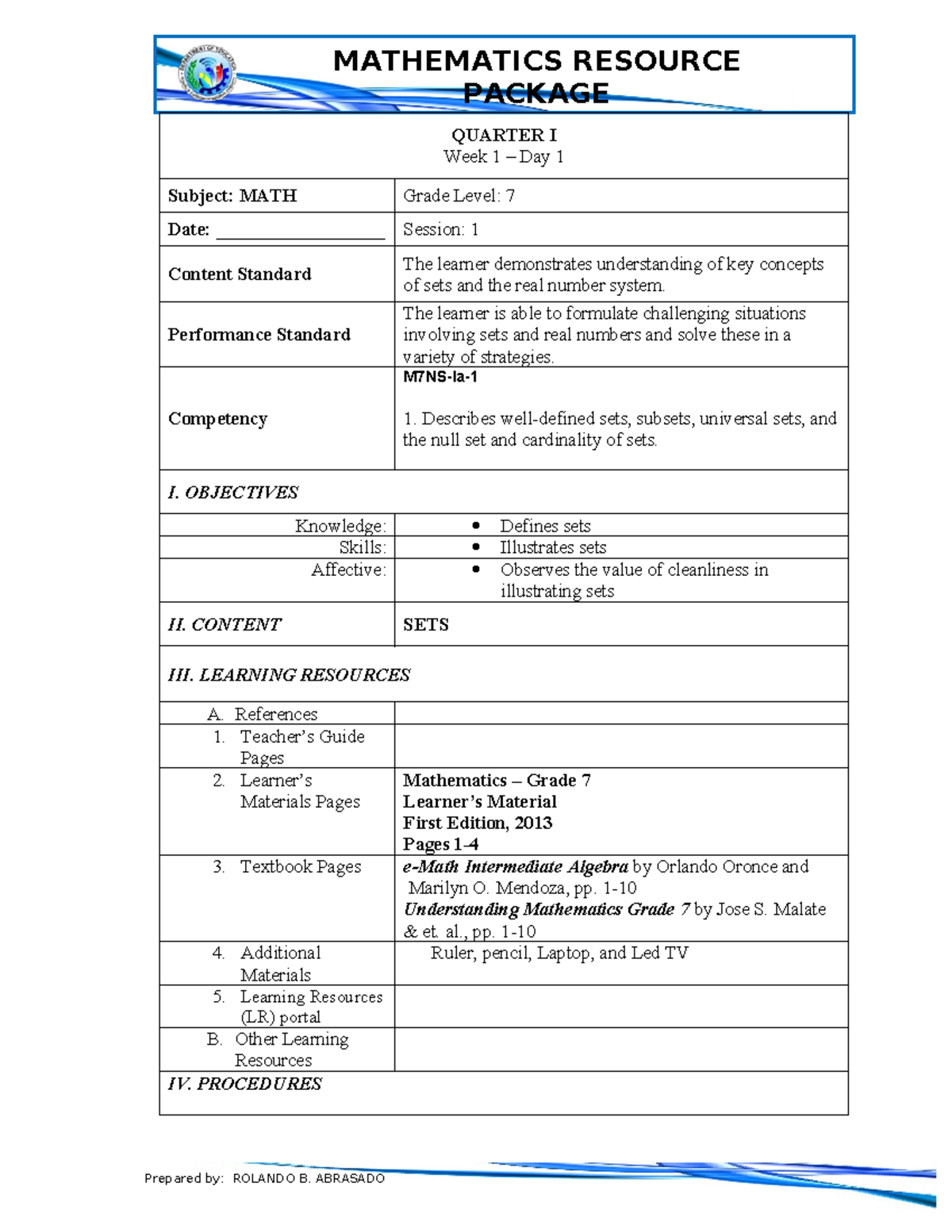 DLPweek 1d1 - lesson plan - PACKAGE QUARTER I Week 1 – Day 1 Subject ...