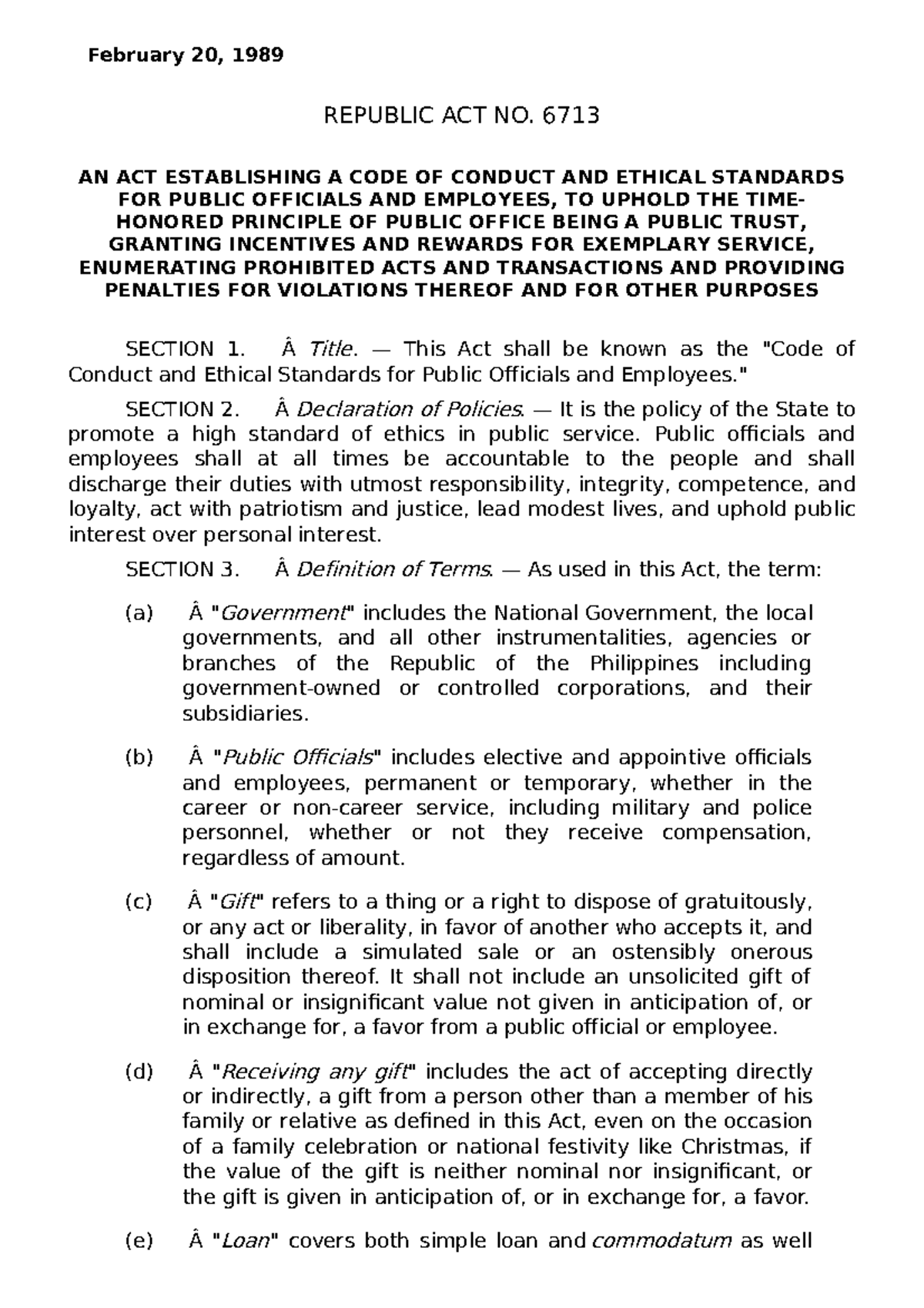 Code of Conduct and Ethical Standards for Public Officials and Employees - February 20, 1989 ...