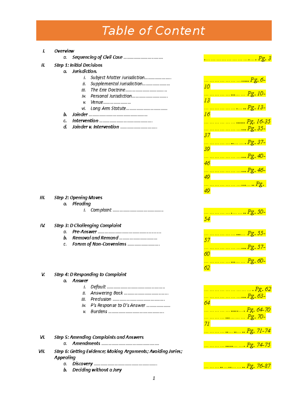 Civil Procedure Outline - Table of Content I. Overview a. Sequencing of ...
