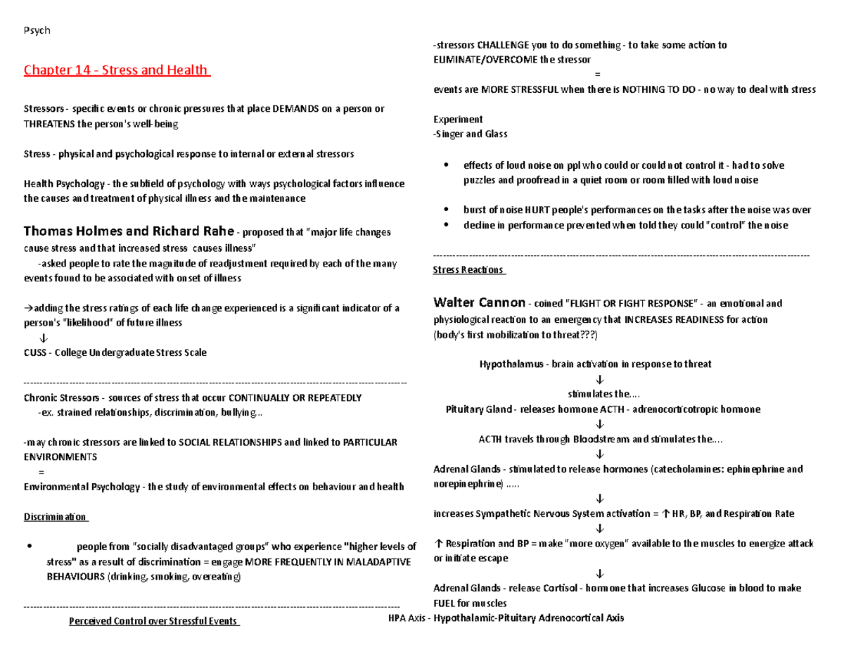 Summary - 14-15 - Psych Chapter 14 Stress and Health Stressors specific ...