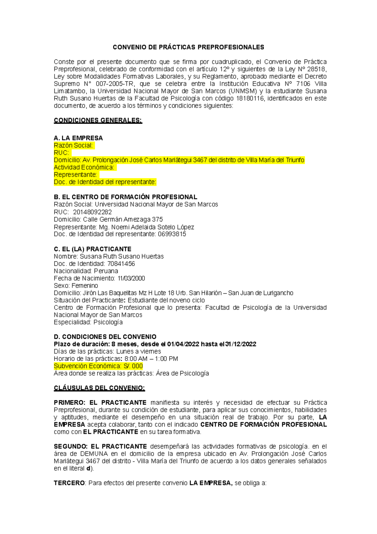 Modelo de Convenio - CONVENIO DE PRÁCTICAS PREPROFESIONALES Conste por el presente documento que ...