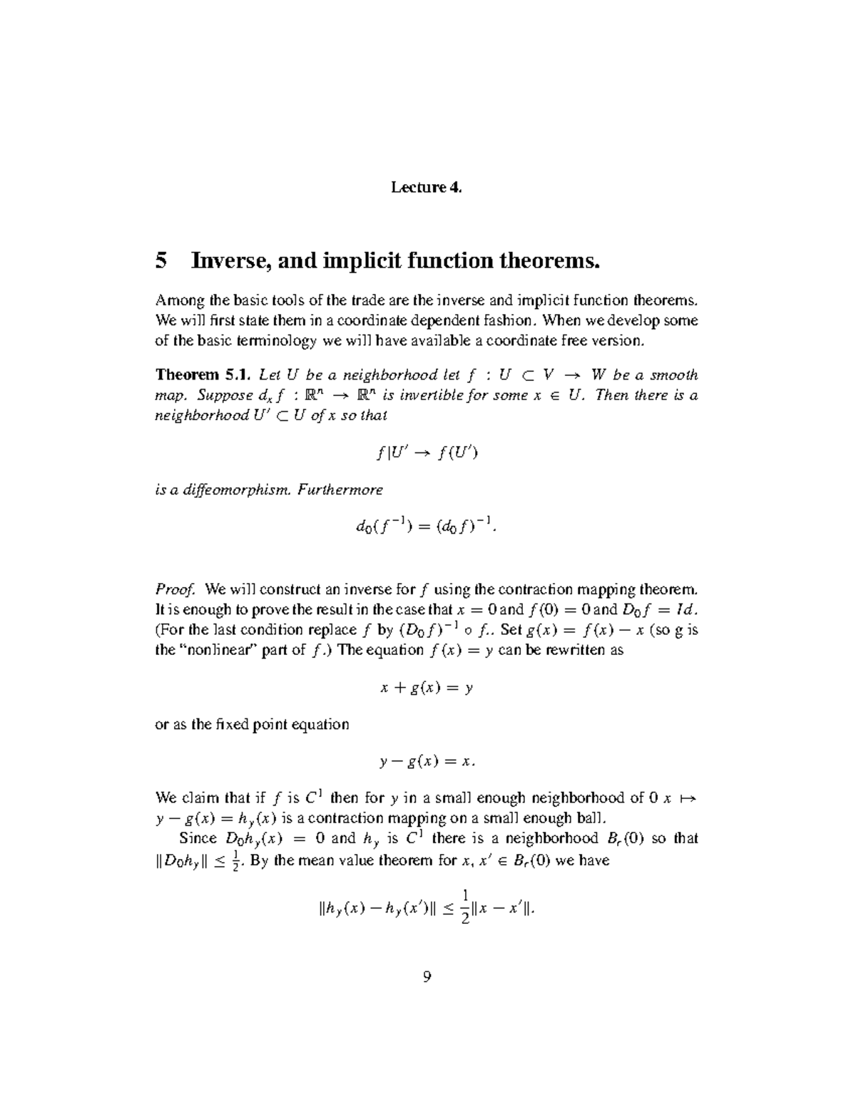 Lecture 4 Inverse And Implicit Function Theorems Lecture 4 5 Inverse