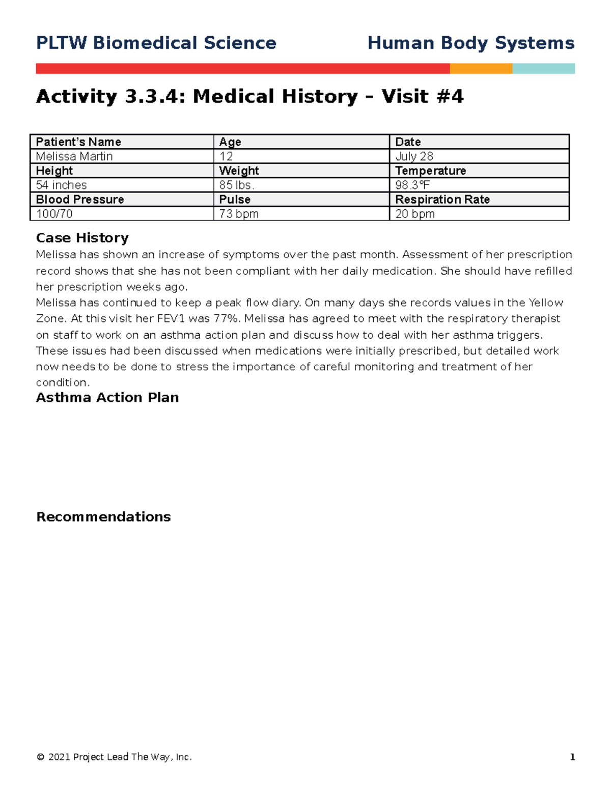HBS 334 Medical History 4 - PLTW Biomedical Science Human Body Systems ...