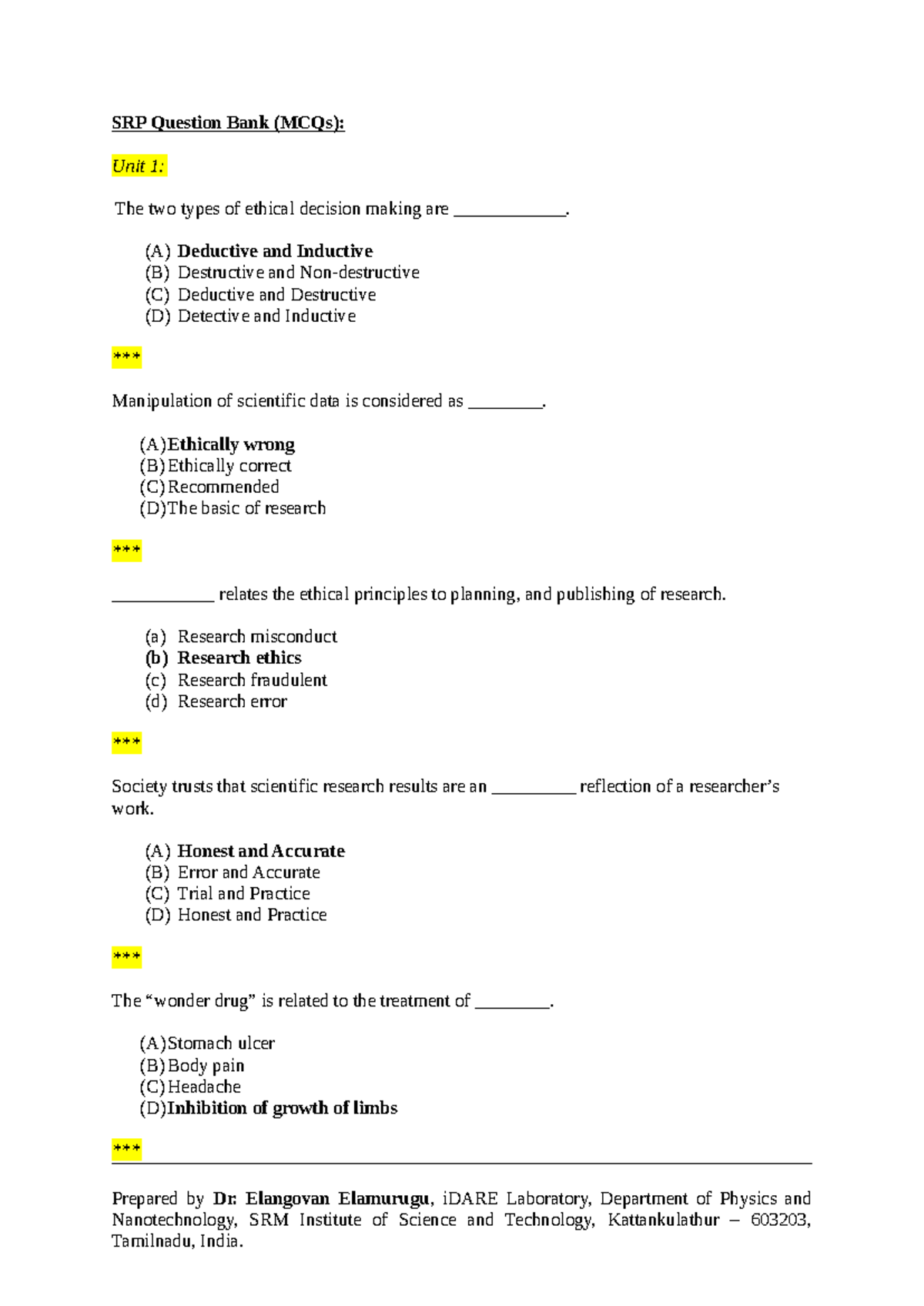 SCIENTIFIC RESEARCH PRINCIPLE END SEMESTER MULTIPLE CHOICE QUESTION ...