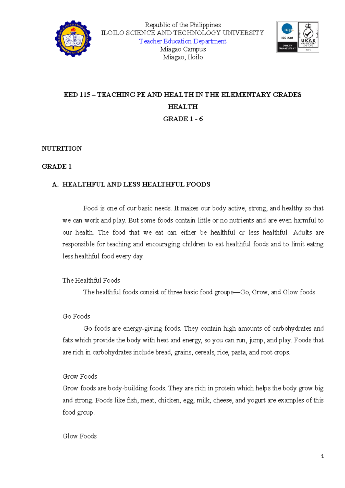 Health - Republic of the Philippines ILOILO SCIENCE AND TECHNOLOGY ...