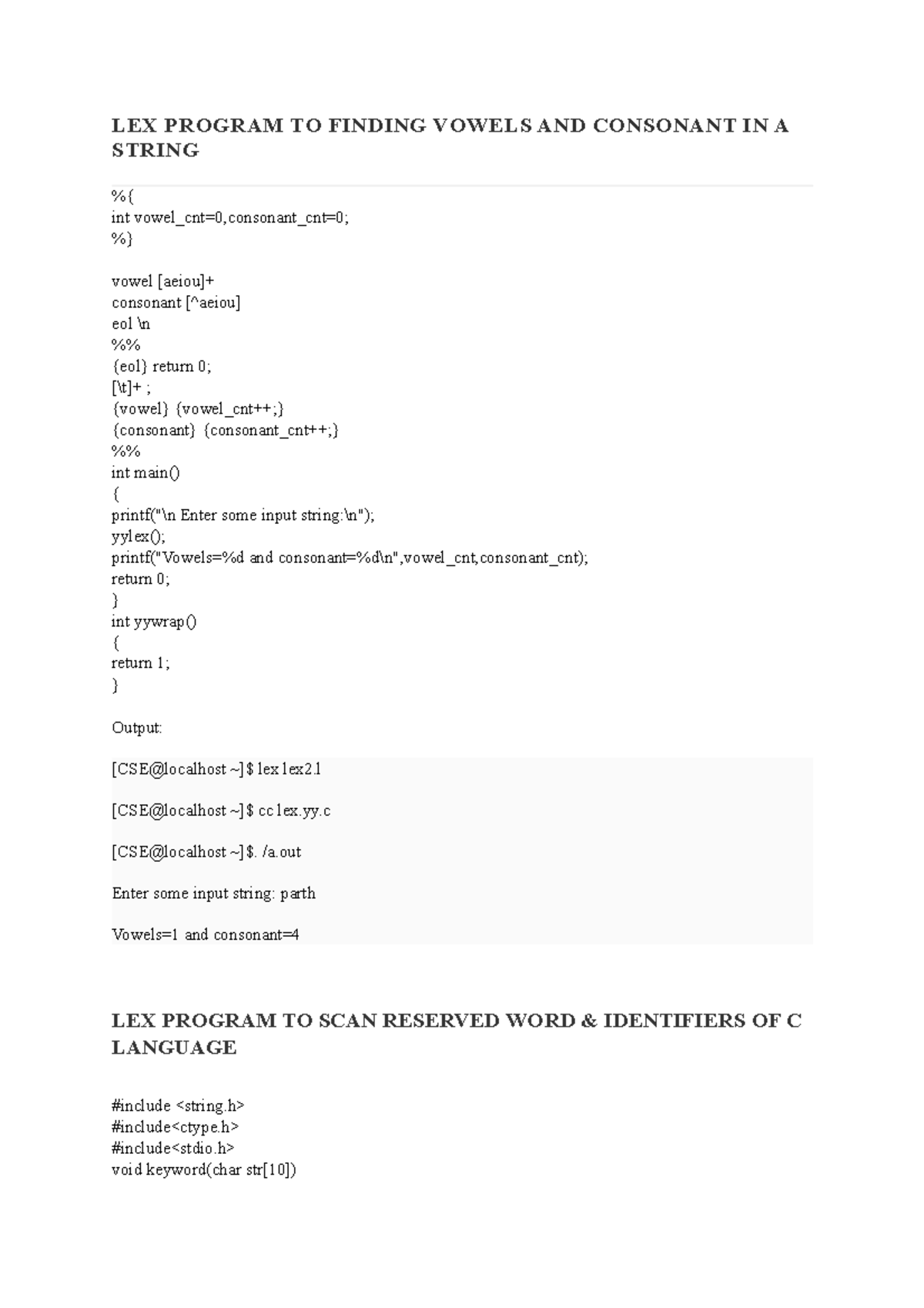 Lex Program Lex Program To Finding Vowels And Consonant In A String 5635