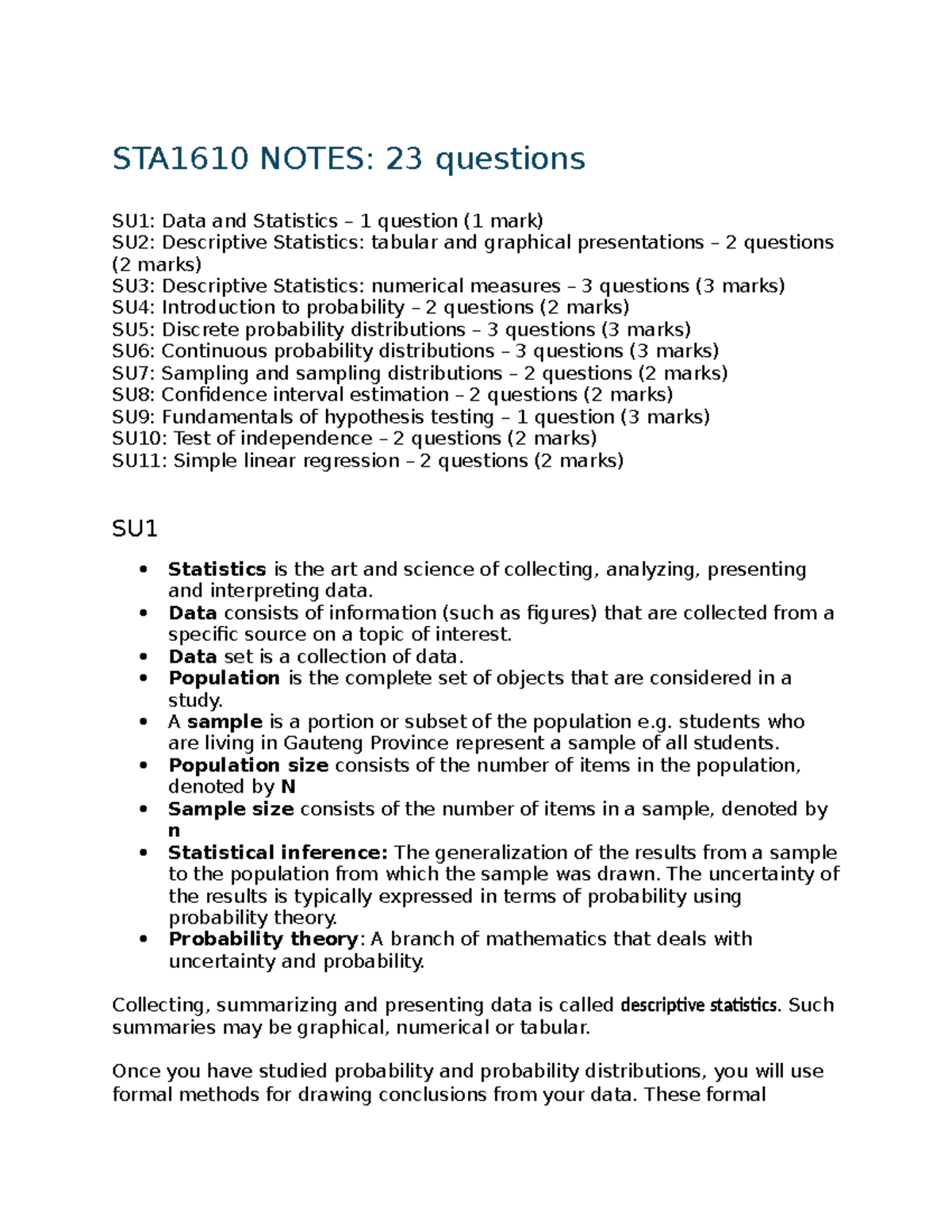 STA1610 Summary - STA1610 NOTES: 23 questions SU1: Data and Statistics ...