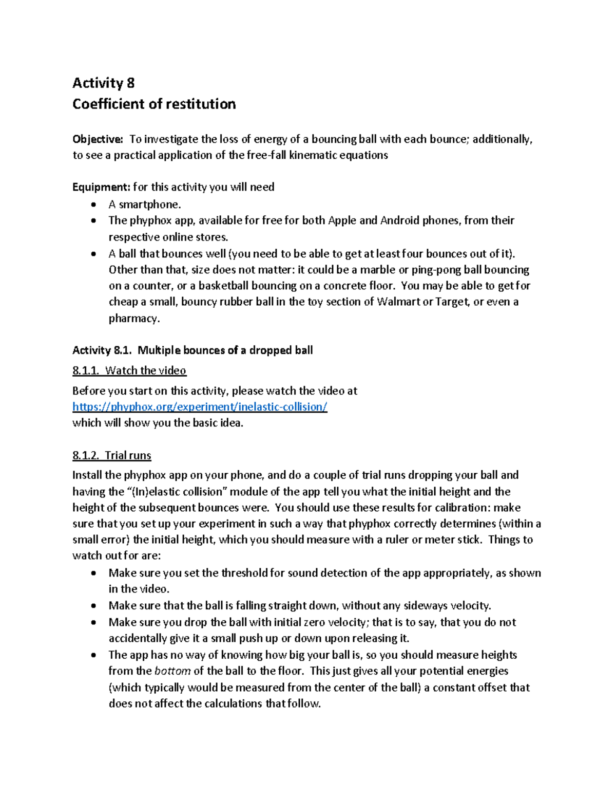 Lab 08 - Coefficient of Restitution - Activity 8 Coefficient of ...