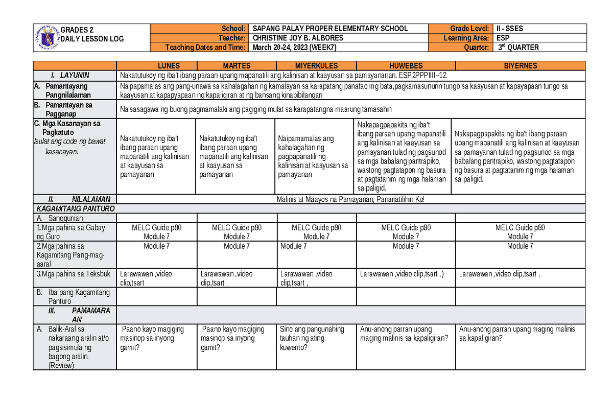 DLL All Subjects-G2 Q3 WEEK7 - , GRADES 2 DAILY LESSON LOG School ...