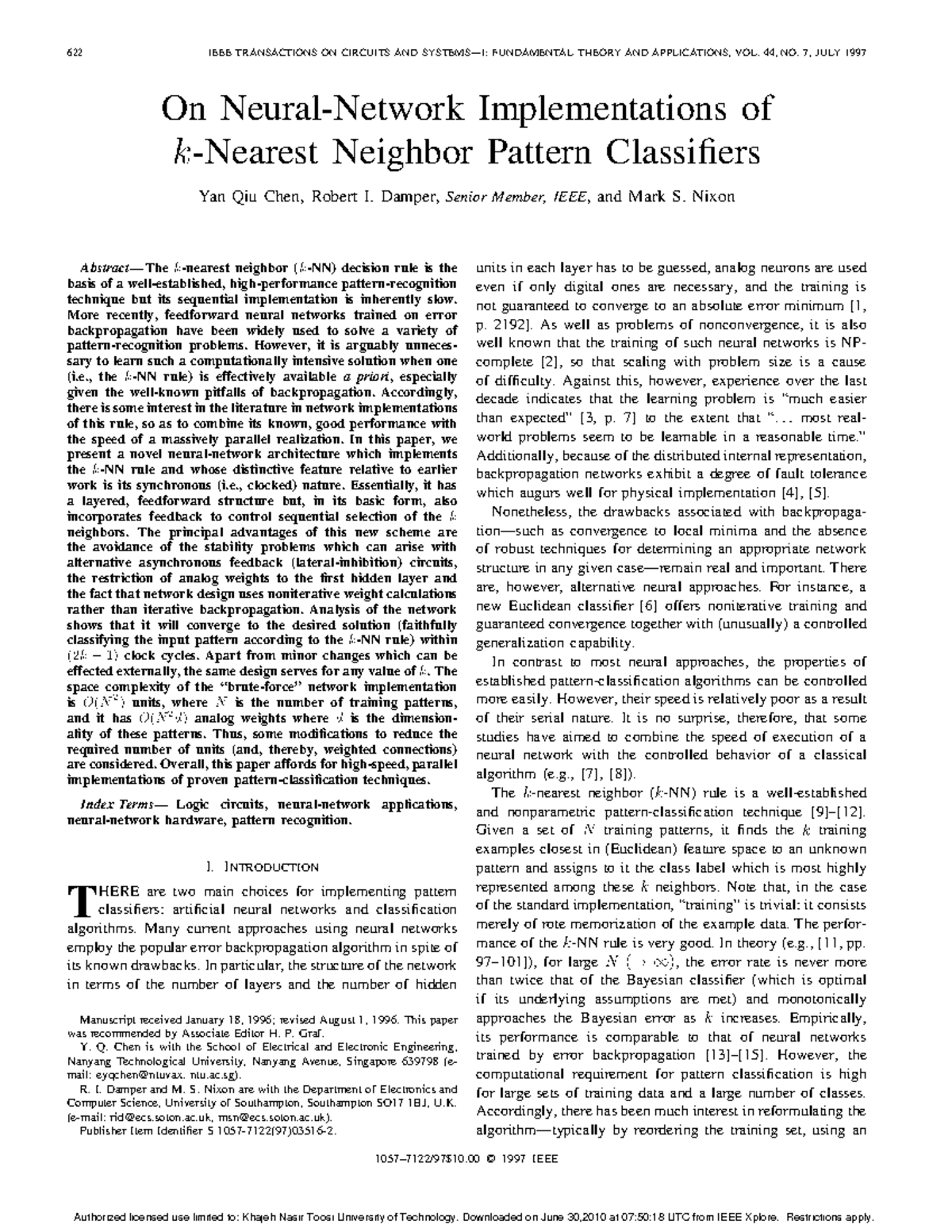 On Neural Network Implementations Of K Nearest Naighbore 622 Ieee Transactions On Circuits And 9893