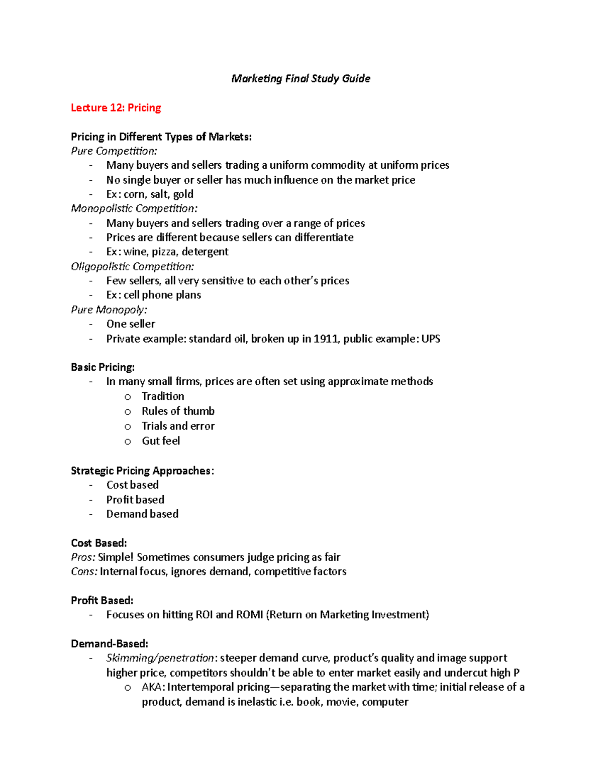 Marketing Final Study Guide - Marketing Final Study Guide Lecture 12 ...