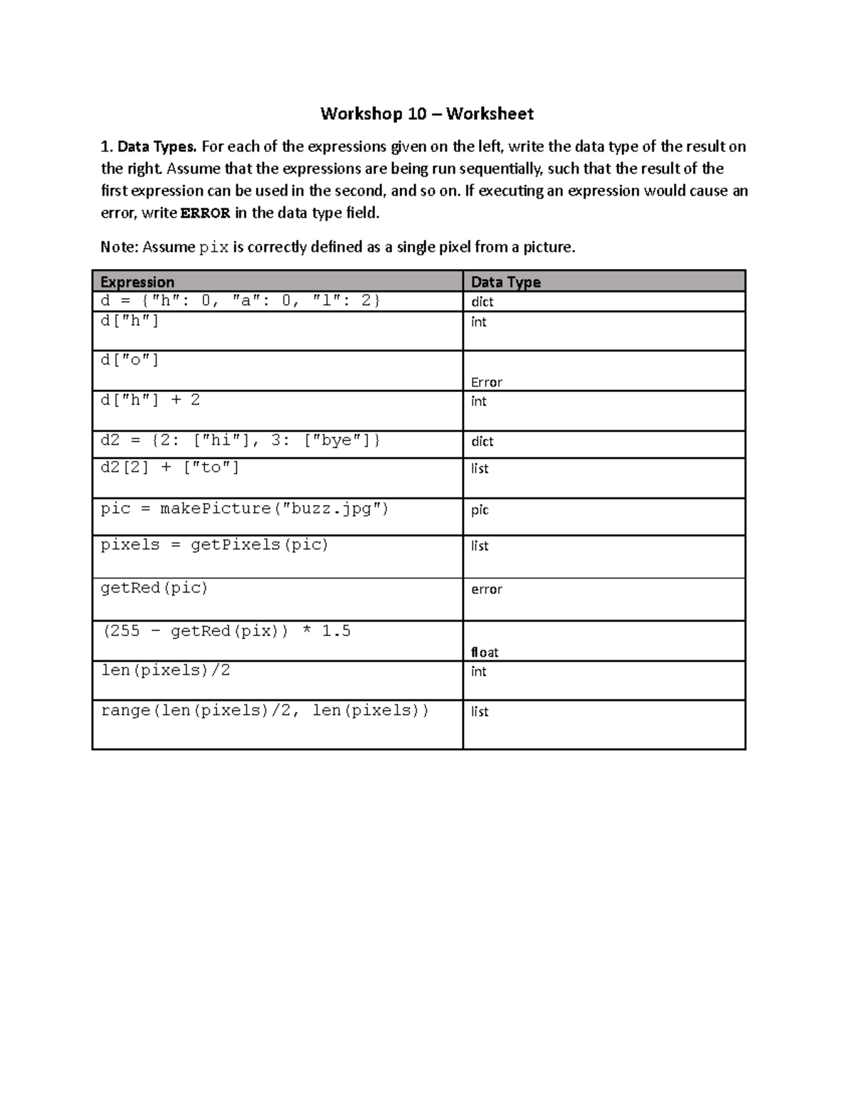 Worksheet 10 Key - Workshop 10 - Workshop 10 – Worksheet Data Types. For each of the expressions ...