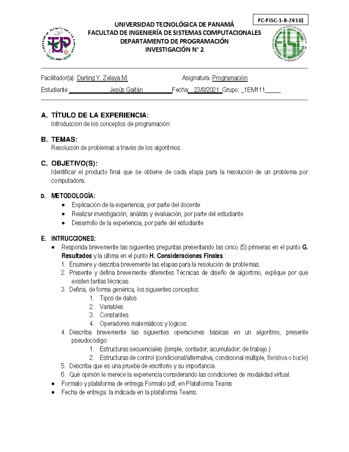 Investigación N 2 jesus gaitan 8-995-564 - UNIVERSIDAD TECNOL”GICA DE ...