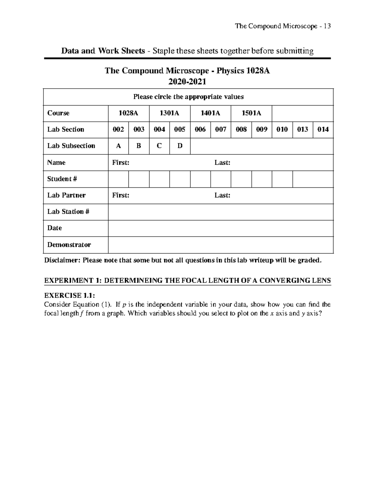 Physics Labs 2021 Microscope Data Worksheet - Data and Work Sheets ...
