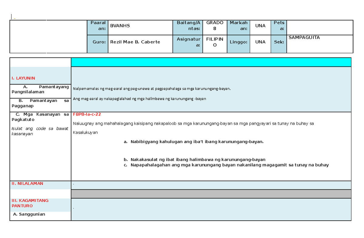 Cot fil 8 final 1 - LESSON PLAN - Paaral an: BVANHS Baitang/A ntas ...