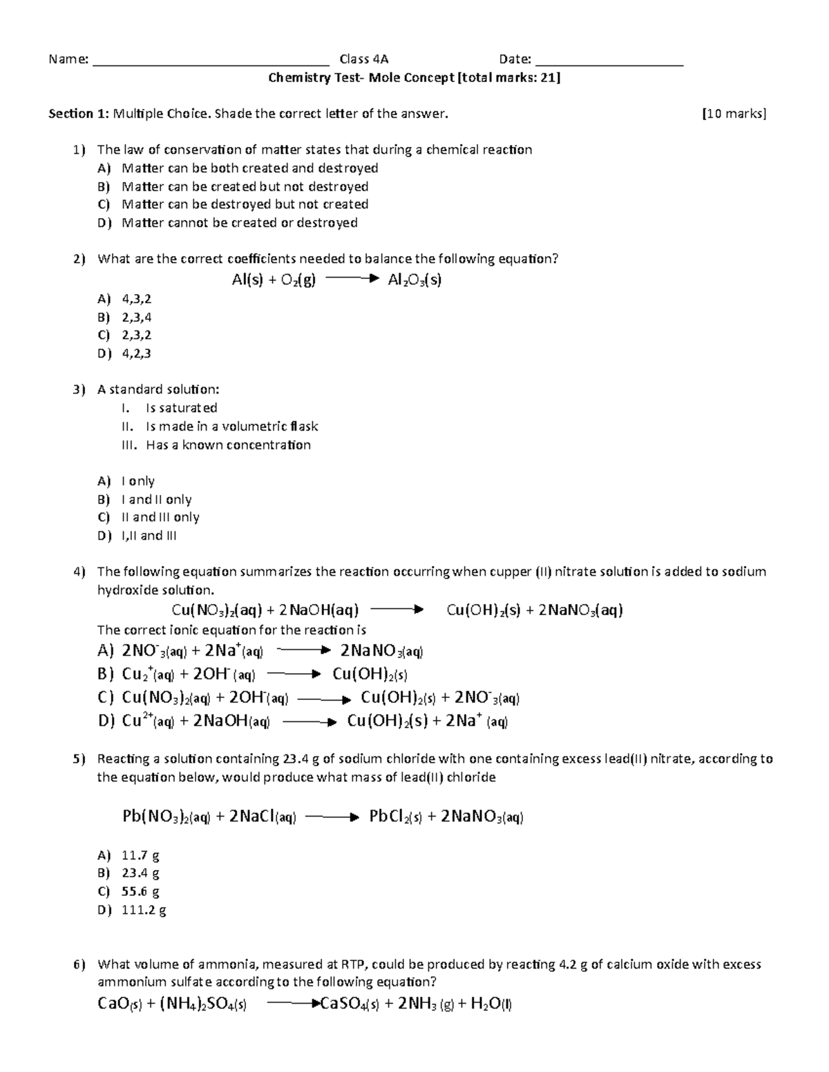 461135360 CHemistry TEST 2 Mole Concept 4A - Name ...