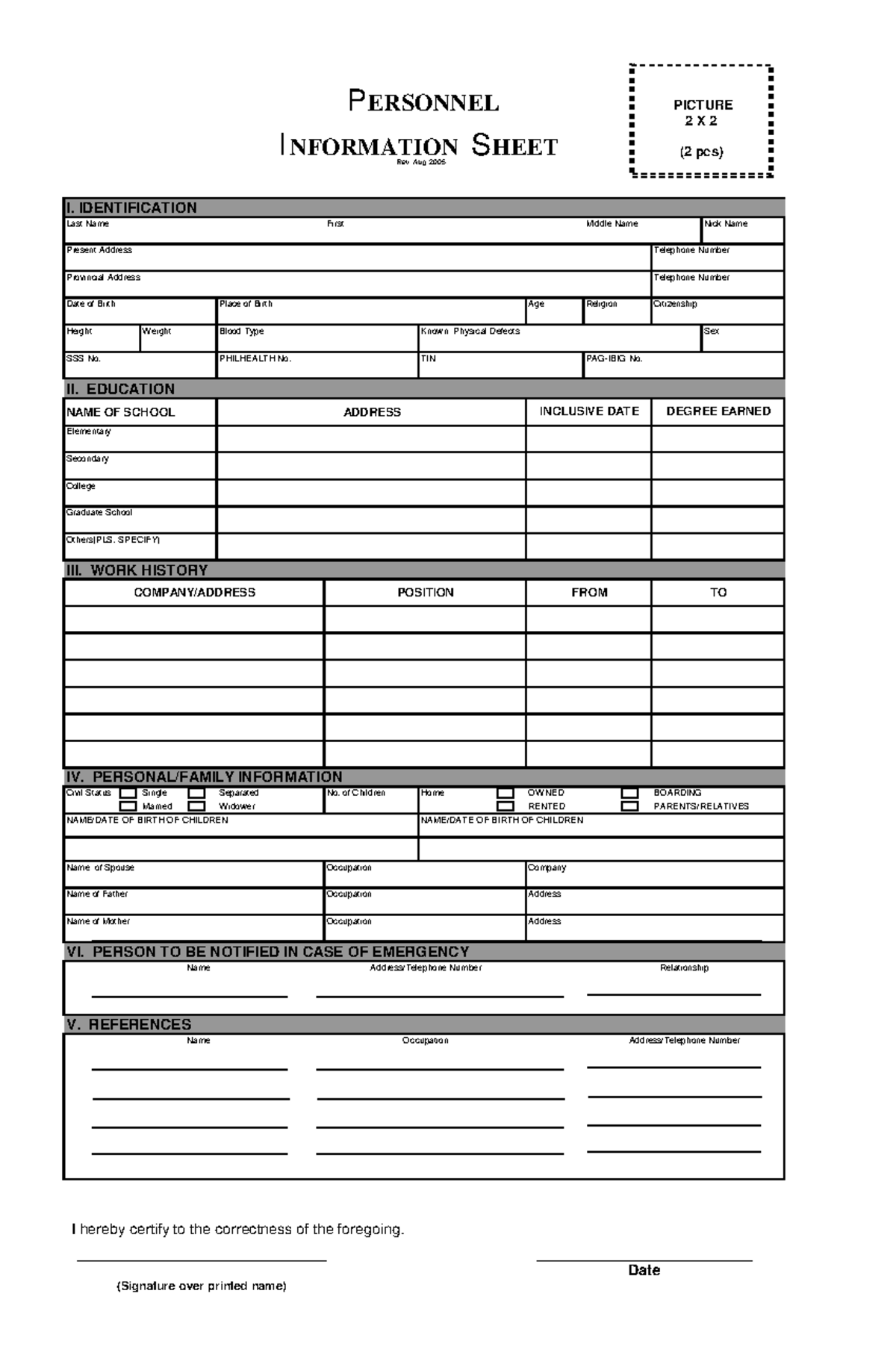 Personnel Info Sheet no Logo - I. IDENTIFICATION Last Name First Middle ...