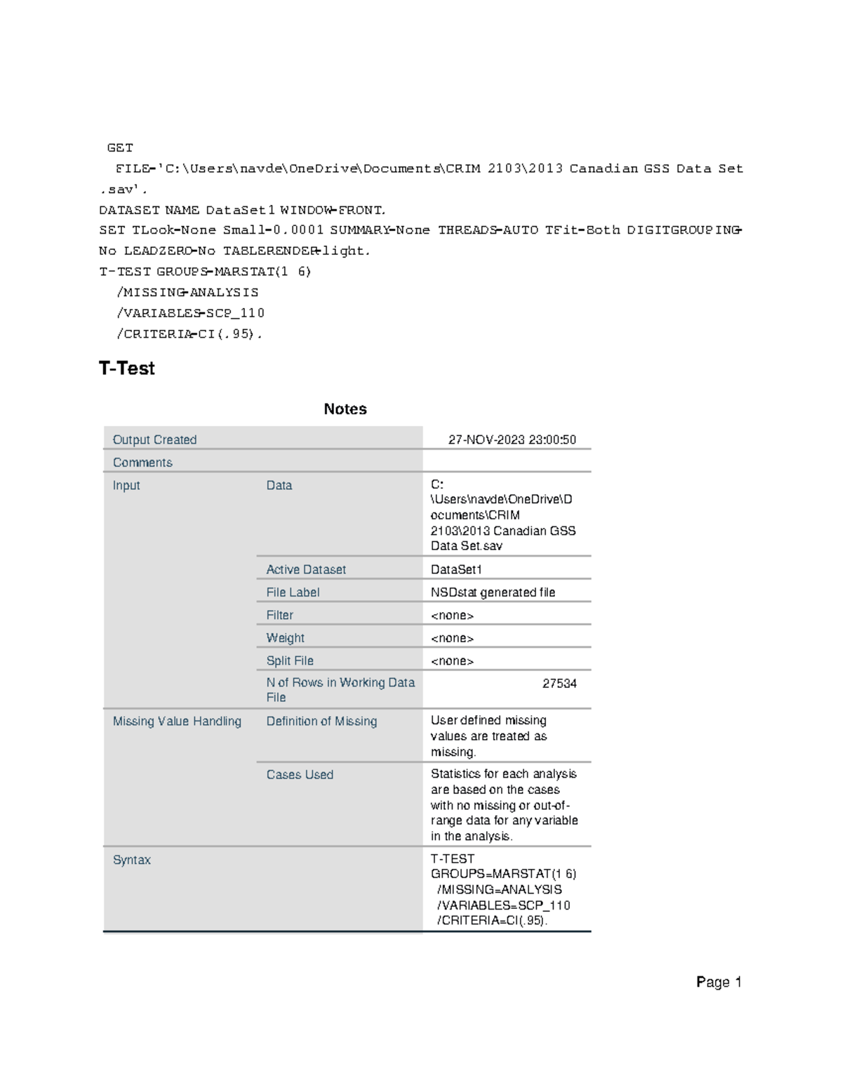 output for spss 2 - GET FILE='C:\Users\navde\OneDrive\Documents\CRIM 2103\2013 Canadian GSS Data ...