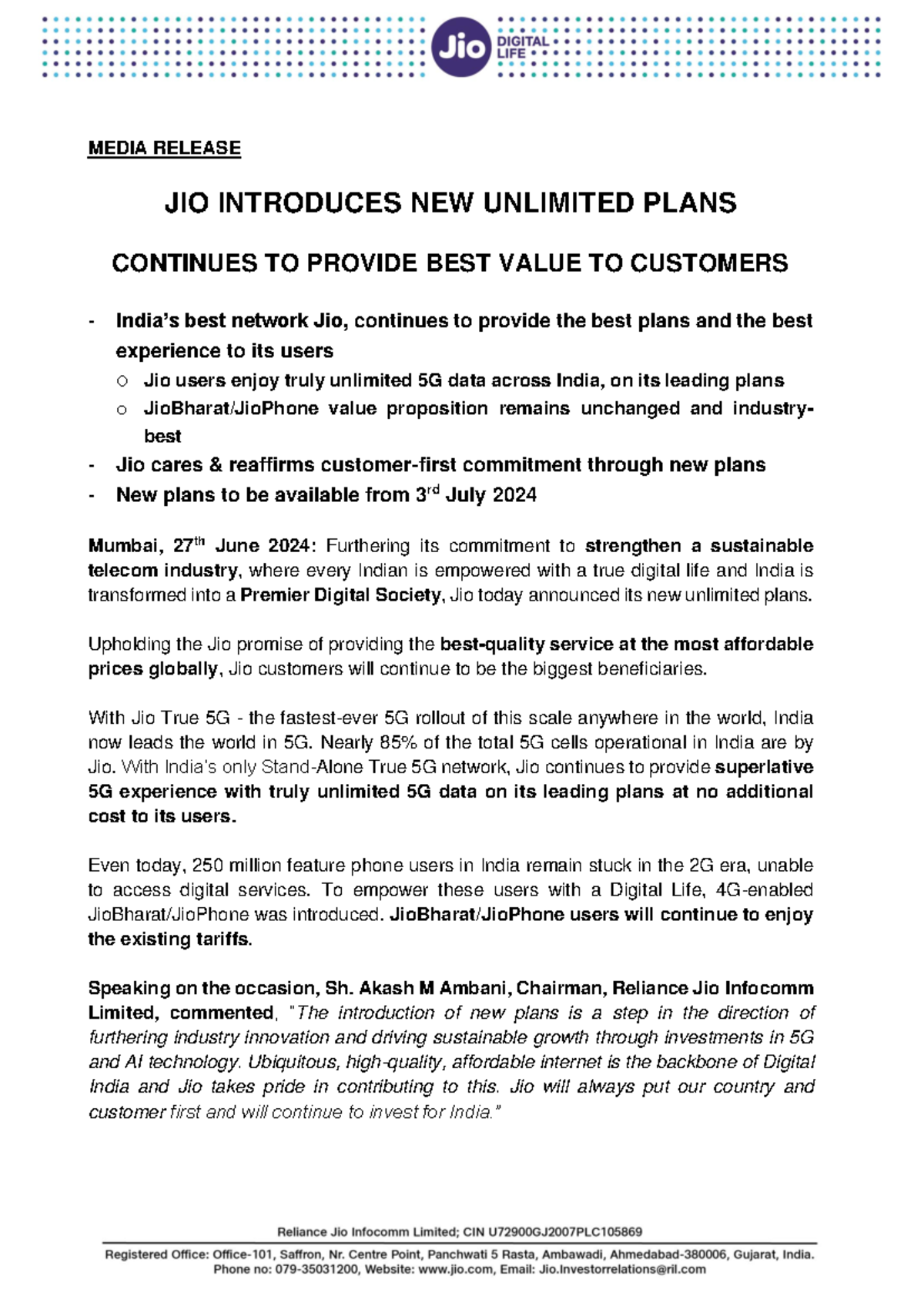 27062024 MR Jio introduces new unlimited plans - MEDIA RELEASE JIO ...