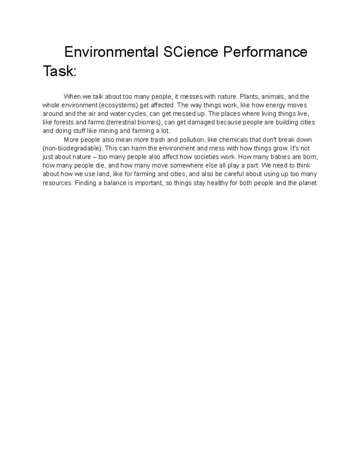Environmental SCience Performance Task - Environmental SCience ...