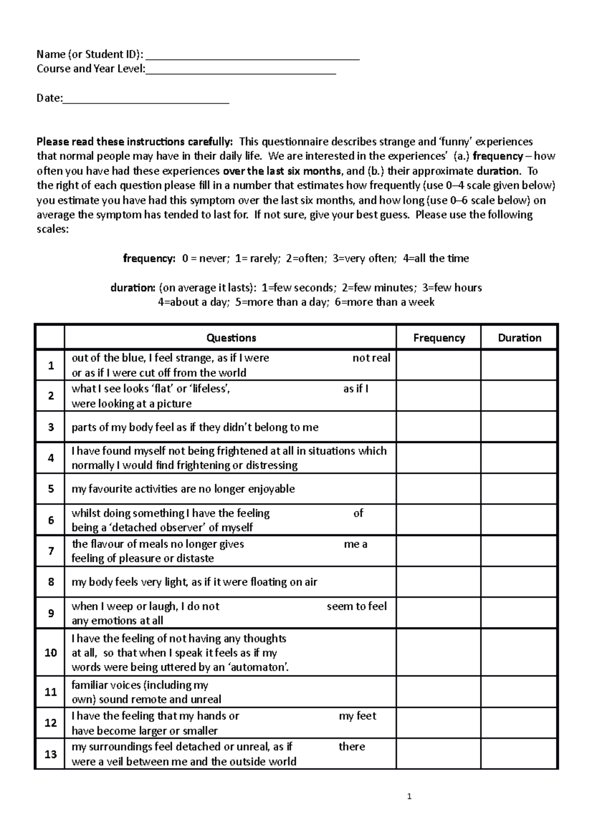 Depersonalization scale - Name (or Student ID ...
