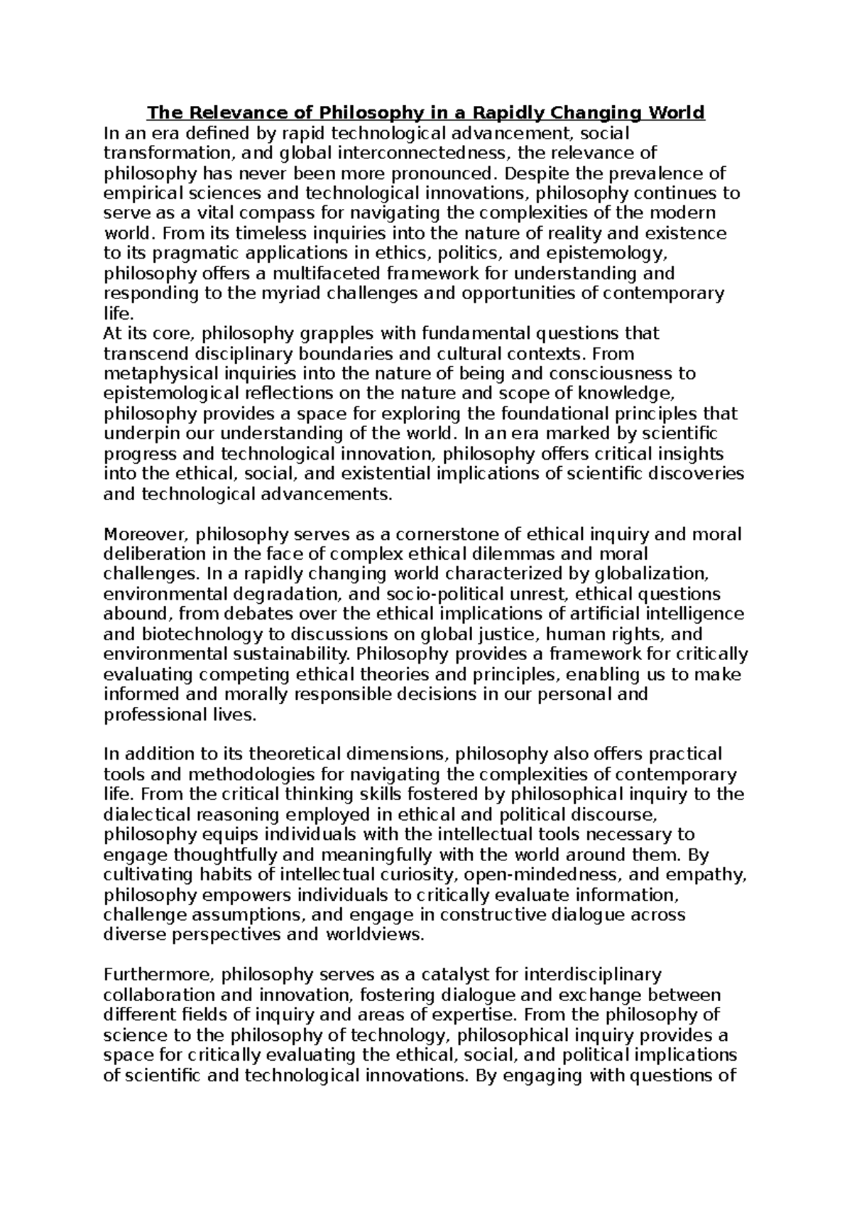The Relevance of Philosophy in a Rapidly Changing World - Despite the ... The Relevance of Philosophy in a Rapidly Changing World - Despite the ...