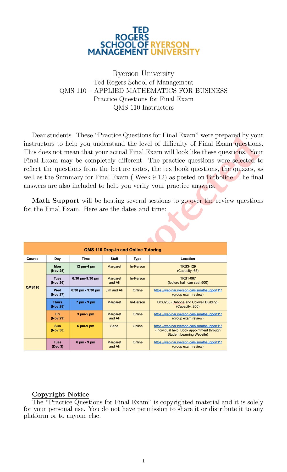 F19QMS110Final Exam Practice - Copy Protected Ryerson University Ted ...